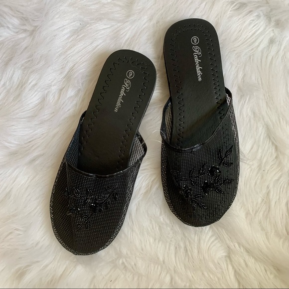 Vintage | Shoes | Y2k Black Chinese Mesh Slipper Sandler With Floral ...